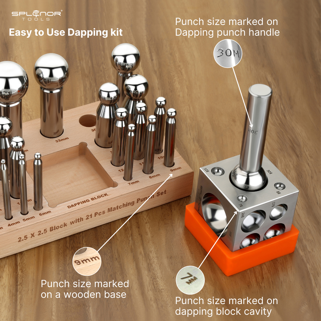 2.5" Square Dapping Block with 21 Dapping Punch Set – Splenor tools